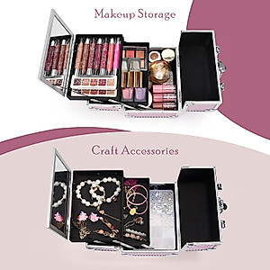Joligrace Makeup Train Case Portable Cosmetic Box Jewelry Organizer Lockable with Keys and Mirror 2-Tier Trays for Makeup Artists Craft Nail Kits Sewing Box Traveling Makeup Storage Case Pink