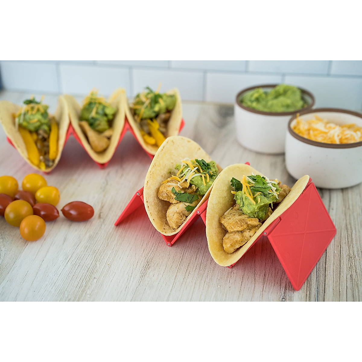 Foldable Taco Holders Set of 4, Red Taco Holder for Soft & Hard Taco Shells, Collapses for Improved Kitchen Storage & Organization, Taco Holder Stand Kit Holds 2 or 3 Tacos, Dishwasher Safe Plastic