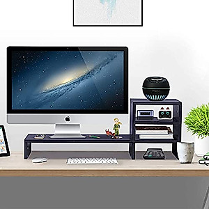 Ufine Wood Monitor Stand Riser with 3-Tier Storage Shelf 31.5 inch Desktop Organizer Computer Laptop PC Printer Telephone Stand for Office Dorm Home, Space Saving Black