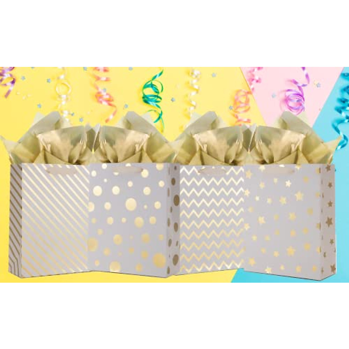 UNIQOOO 12Pcs Metallic Gold Christmas Gift Bags Bulk with 12 Sheets Gold Tissue Paper, Large 12.5 Inch, Assorted Modern Geometric Paper Gift Wrap Bag, For Holiday Birthday Wedding Gift Packaging Decor