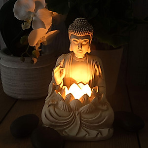 Bella Haus Design Buddha Tealight Candle Holder Statue – 8.5” Tall Polyresin - Zen Home and Garden Decor - Includes 3pcs Tea Lights and Free Candle Snuffer for Office, Indoor, Outdoor Decoration