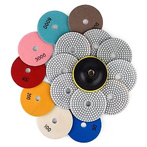 16Packs Diamond Polishing Pads Set, 4inch Dry/Wet Polish Pad Kit , 50#-10000# Grit Pads with Back Holder, for Drill Grinder Polisher, FOR Granite Concrete Countertop Marble Stone(size:16pcs/set)