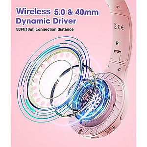 KONNAO Kids Headphones Wireless 60H, Foldable On Ear Headphone with MIC, Volume Limiter 85dB/94dB Wireless & Wired Headphones, Over-Ear Headphone for Kid Adult School Online Class Travel, Pink