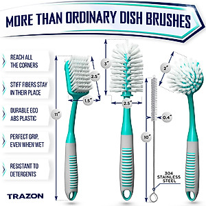 Dish Brush Set of 4 with Bottle Water Brush, Dish Scrub Brush, Scrubber Brush and Straw Brush - Kitchen Scrub Brushes Ergonomic Non Slip Long Handle for Cleaning Cleaner Wash Dish Sink Dishes Cup Pot