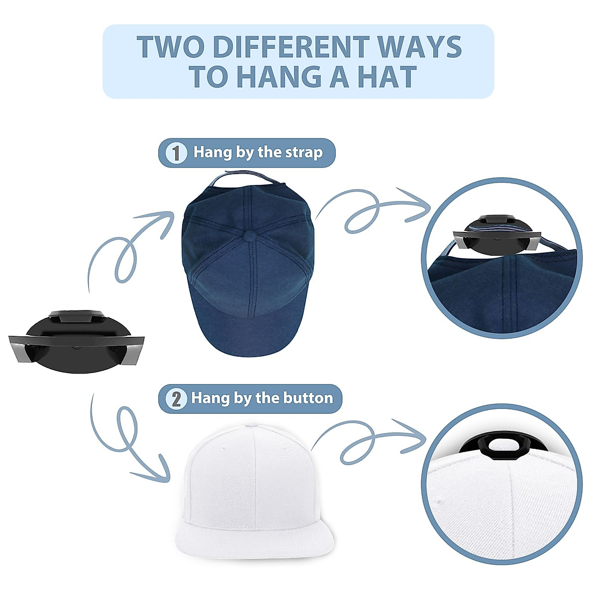 Puiuisoul 20 Pack Adhesive Hat Hooks for Wall, Hat Hangers for Baseball Caps, Hat Holder on Wall, No Drilling Required Wall Mount Hat Rack, Space-Saving Hat Display and Organizer