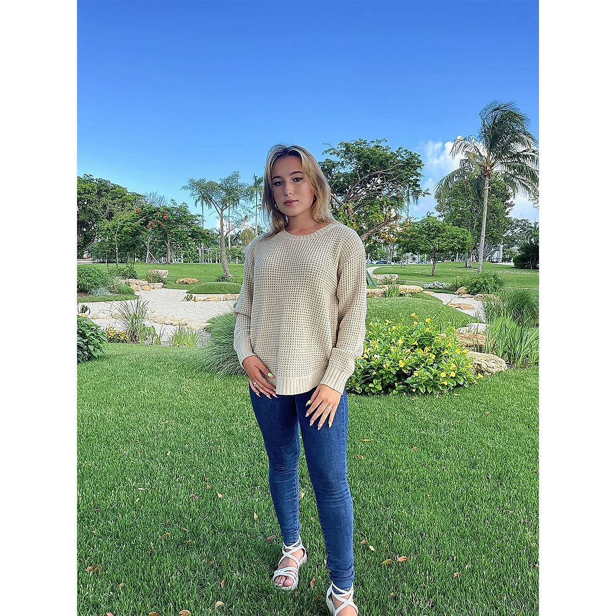 MEROKEETY Women's 2024 Long Sleeve Waffle Knit Sweater Crew Neck Solid Color Pullover Jumper Tops Beige