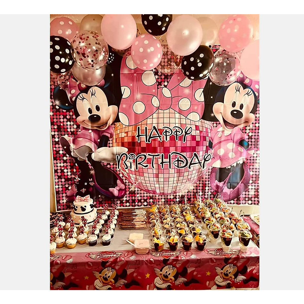 Cartoon Mouse Backdrop Pink Girls Birthday Lights Ball Bowknot Glitter Sequin Dot Photo Background Kid Girls Birthday Party Supplies 7x5ft Newborn Baby Shower Decoration Photo Booth Studio Prop