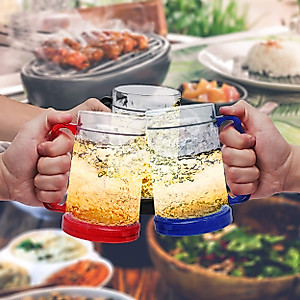 Freezer Ice Beer Mugs, Drinking Glasses, Double Wall Gel Frosty Beer Mugs, Cooling Wine Cups for Parties and Gifts, Clear 16oz Set of 3 (Blue, Red and Black)