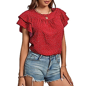 LYANER Women's Polka Dots Scoop Neck Layer Ruffle Trim Short Sleeve Blouse Shirt Top Red Medium