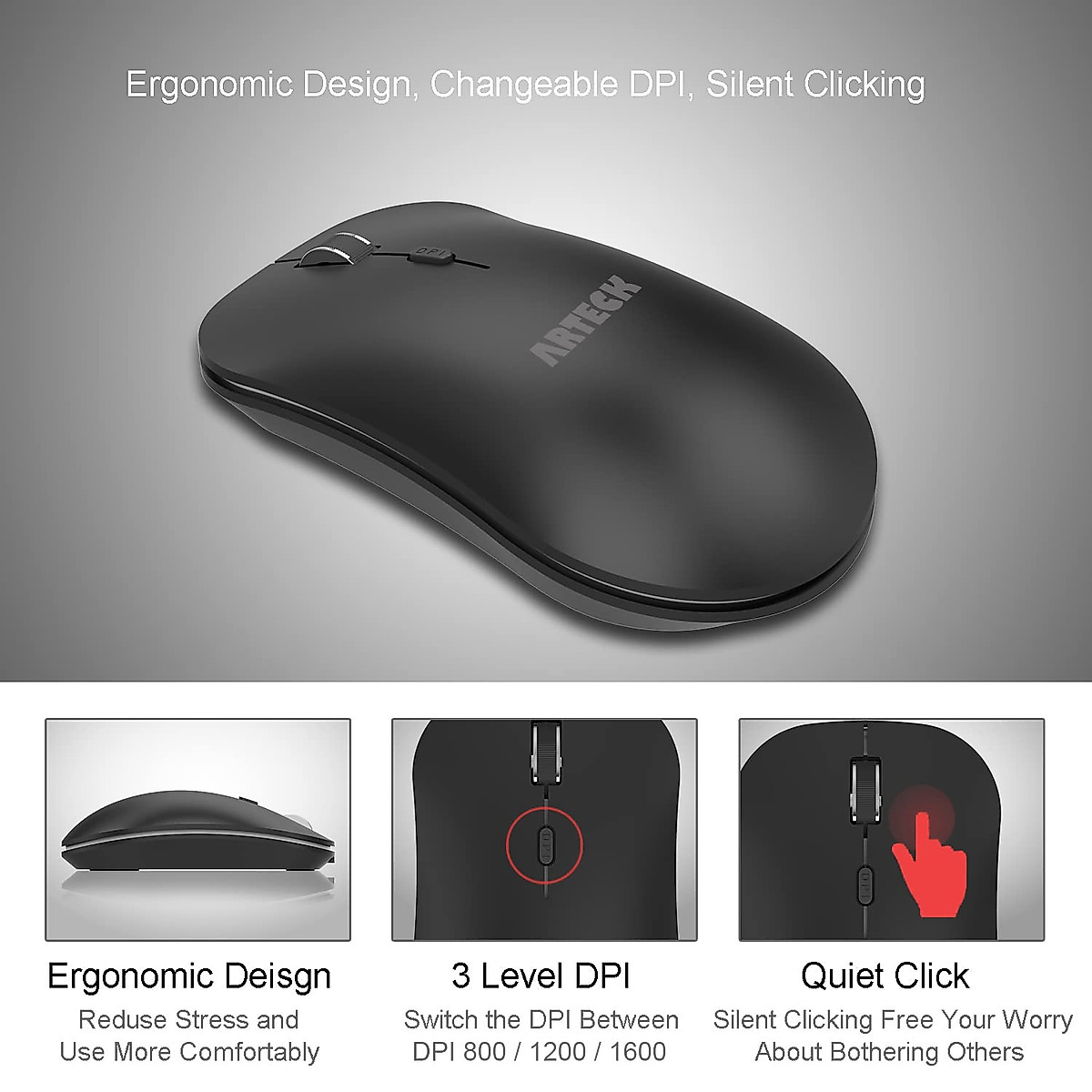 Arteck 2.4G Wireless Mouse with Nano USB Receiver Ergonomic Design Silent Clicking for Computer/Desktop/PC/Laptop and Windows 10/8/7 Build in Rechargeable Battery (Black)