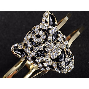 Alilang Golden Tone Clear Crystal Rhinestone Black Enamel Cheetah Leopard Jaguar Head Bangle Bracelet