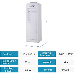 Water Cooler Dispenser for 5 Gallon Bottle, Top Loading Hot & Cold Water Freestanding Electric Water Cooler Child Safety Lock for Indoor Home Office Use with Storage Cabinet, White