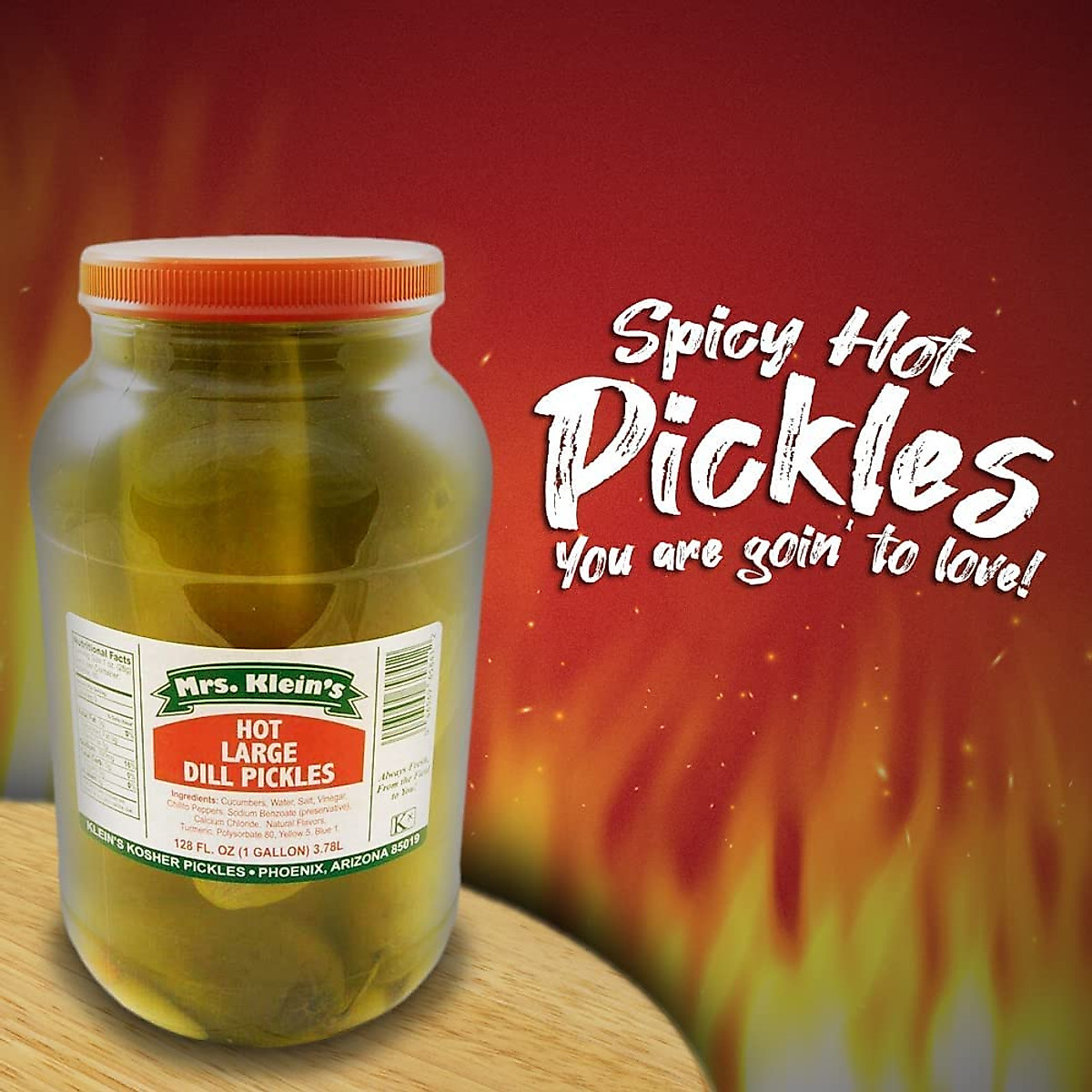 Mrs. Kleins Large Hot Pickles | Bold Spicy Dill Pickle Snack | Spicy Giant Dill Pickles Made with Natural Ingredients | Kosher, Low Carb, Gluten Free & Vegan | Wholesale Hot Pickles 128 fl oz Jar