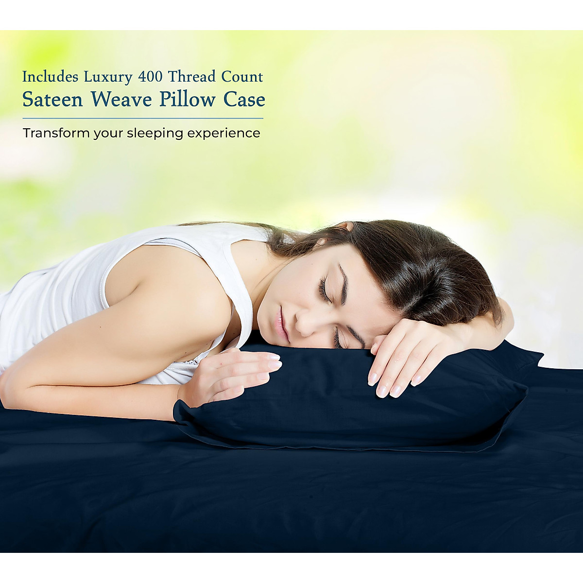 ROYALE LINENS 400 Thread Count 100% American Grown Cotton 4 Piece Sateen Queen Sheet Set - 1 Fitted Sheet, 1 Flat Sheet, 2 Pillow case - Navy Queen Bedsheet - Cotton Sheets - (Queen, Rivera Navy)