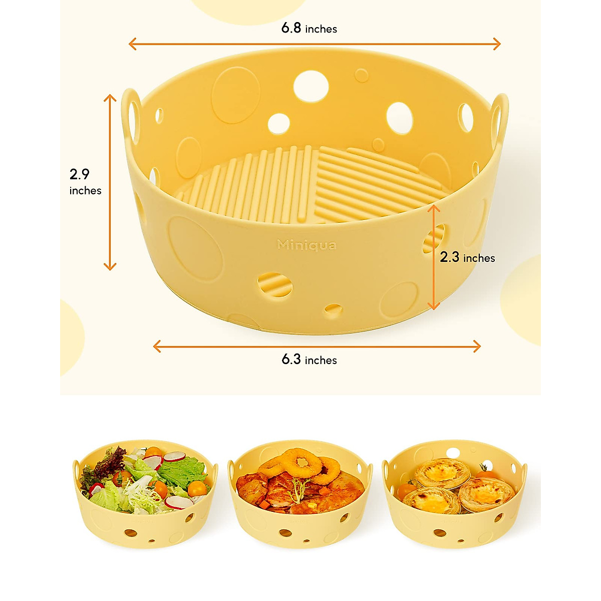 Miniqua Air Fryer Silicone Liners, Reusable Silicone Air Fryer Basket Bowl for 3-5 QT, Food-Grade Silicone Round Air Fryer Liners, Non-stick Silicone Pot Accessories, Yellow(6.8in)