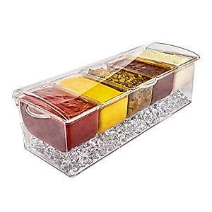 Ice Chilled 5 Compartment Condiment Server Caddy - Serving Tray Container with 5 Removable Dishes with Over 2 Cup Capacity Each and Hinged Lid | 3 Serving Spoons + 3 Tongs Included