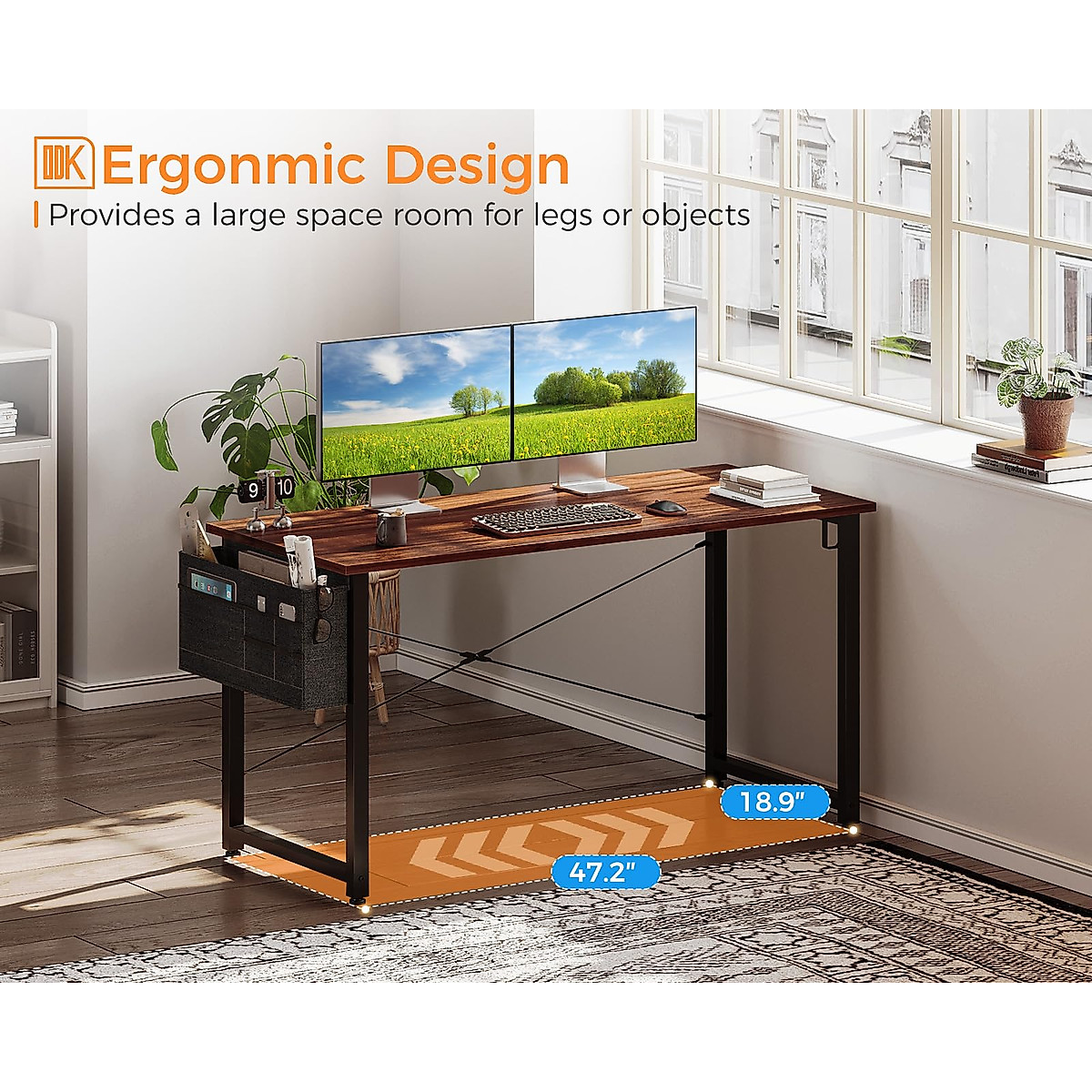 ODK Computer Desk Large Office Desk, 48 Inch Gaming Desk with Storage, Modern PC Desk Work Table with Headphone Hook for Home Office, Deep Brown