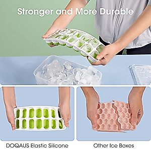DOQAUS Ice Cube Tray with Lid and Bin, Silicone & Plastic Ice Cube Trays for Freezer with Ice Box, 4 Pack Ice Trays with Ice Container, Stackable Ice Tray with Storage Ice Bucket Bin, Ice Tong & Scoop