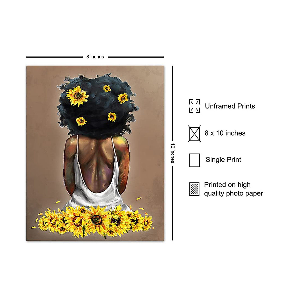 African American Wall Art - Black Wall Art - Sunflower Wall Decor For African American Woman, Girls - Black Girl Magic - Afro Girl - Black Art for Women - Melanin Queen - Black Pride - UNFRAMED 8x10