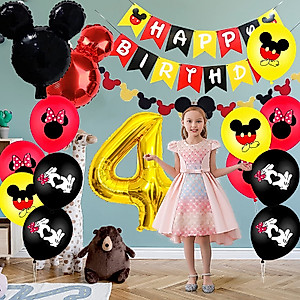 zrjssyp Mickey 4th Birthday Party Supplies, 4 Years Old Decorations for boys Three Decor Red Yellow Black Balloon Banner Number Foil Balloons Mouse Ears Headband Kids… (black 4th)