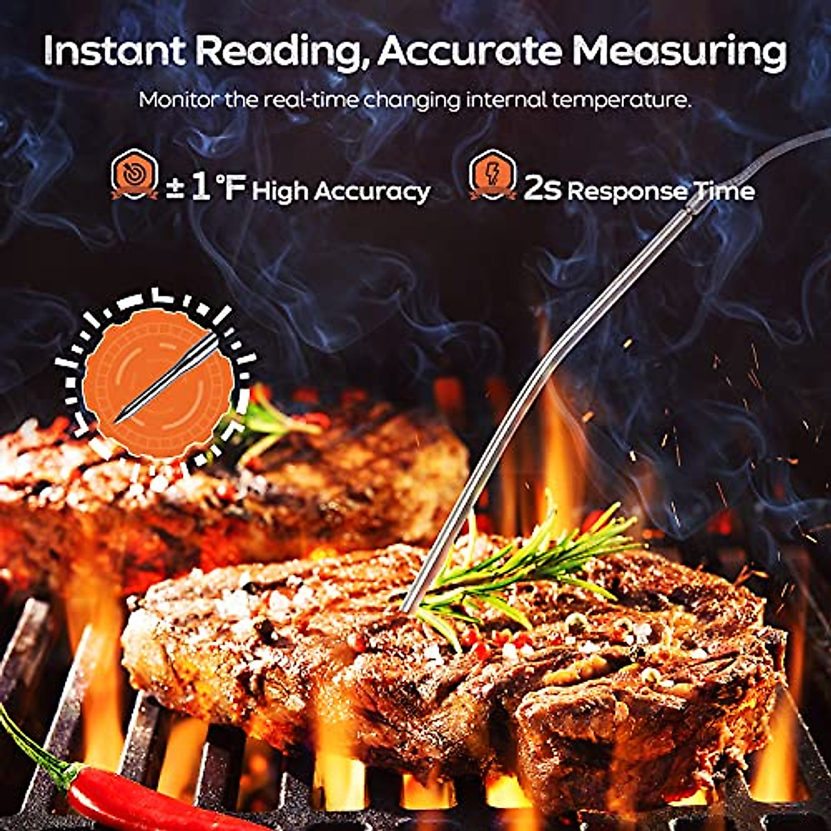 Pilita Digital Meat Thermometer with Large Touchscreen LCD, with Long Probe, Kitchen Timer, Backlight Instant Read for Smoker Kitchen BBQ Oven, Grill Thermometer, Cooking Food Meat Thermometer- Silver