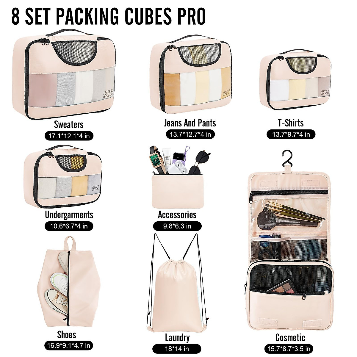 Veken 8 Set Packing Cubes for Travel, Gifts for Women Mom, Suitcase Organizer Bags for Luggage with Hanging Toiletry Bag and Shoe Bag, Vacation Essentials Travel Accessories for Cruise Ship