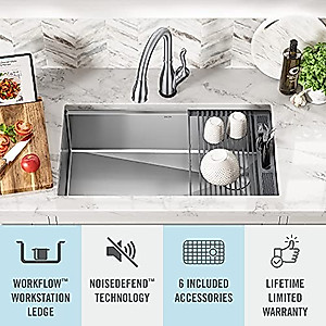 DELTA 95B932-32S-SS Lorelai Workstation Kitchen Sink Undermount Stainless Steel Single Bowl with WorkFlow Ledge and Chef’s Kit of 6 Accessories