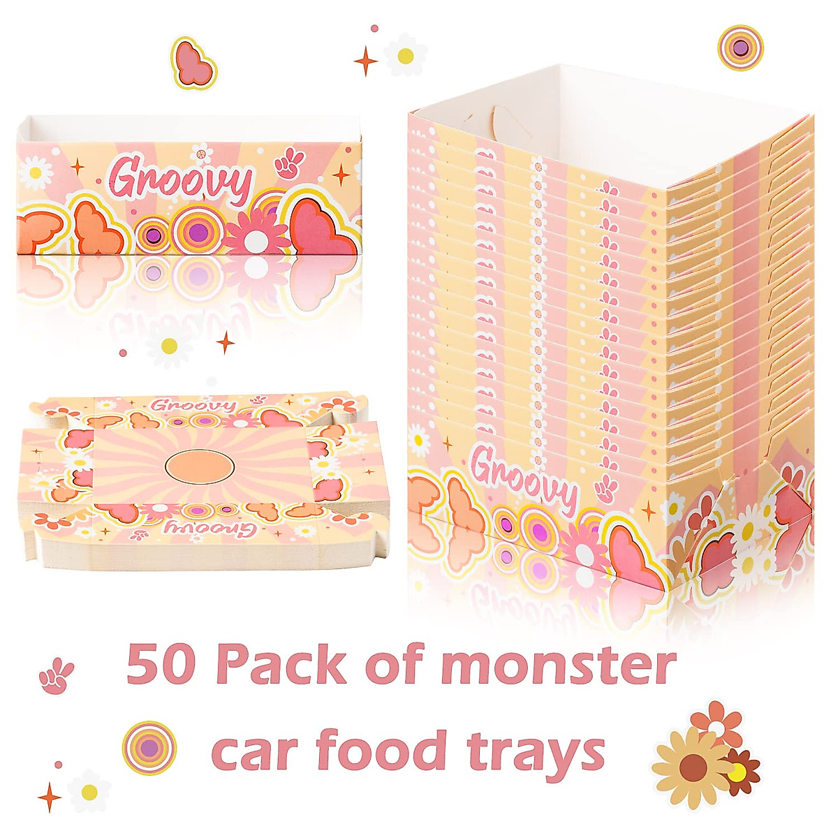 BkeeCten 50PCS Groovy Retro Hippie Party Favors Food Tray Boho Daisy Flower Disposable Paper Food Boat Groovy Rainbow Nacho Hot Dog Food Serving Tray for Girls Birthday Baby Shower Picnic Supply