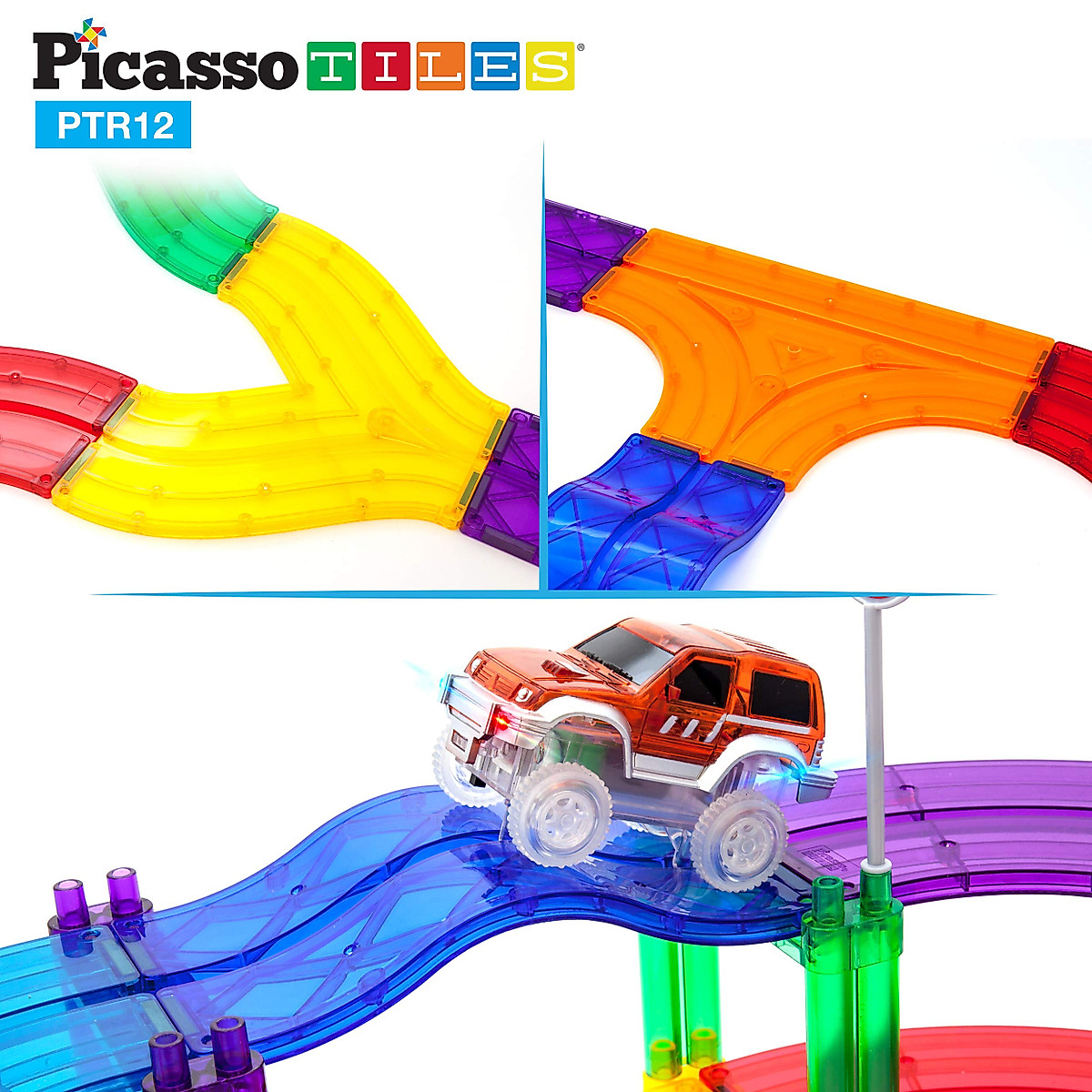 PicassoTiles 12 Piece Race Track Add-On Magnetic Building Block Set Magnet Tiles Construction Toy STEM Learning Kit Early Education Kids Toys Playset Pretend Play Blocks Child Brain Development PTR12