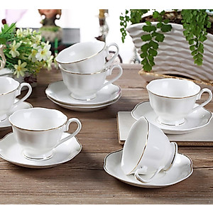 GuangYang 12 PCS White Tea Set-Fine Porcelain Tea Cup and Saucer set of 6 with Gold Line Handle for Tea Party