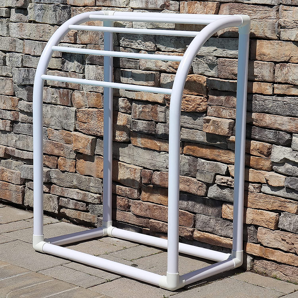 Pool Bins 5 Bar Curved Towel Rack - Free Standing Poolside Storage Organizer - Also Stores Floats, Paddles and Noodles, (23" L x 37.5" W x 49.5 H), White