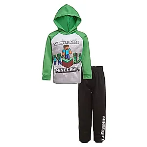 Minecraft Boys 2 Piece Fleece Pants Sets, Pullover Hoodie and Jogger Set for Boys (Green/Grey, Size 4)