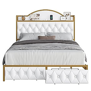 HITHOS Queen Bed Frame, Storage Headboard with Charging Station, Button Tufted Platform Bed with 2 Drawers, Upholstered Bed with 51.6" Tall Headboard, Gold Metal Frame, No Box Spring Needed, White