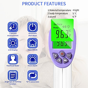Forehead Thermometer, Non-Contact Infrared Adult and Child thermometers, with Fever Alarm, Accurate Reading and Memory Function, for Indoor and Outdoor use, 1 Second Results
