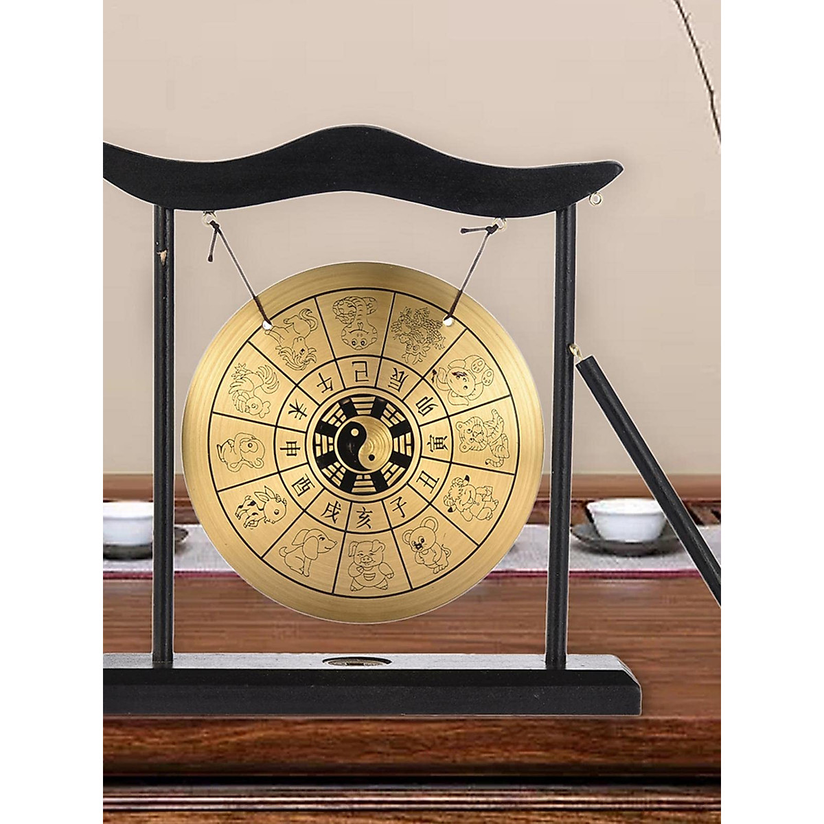 Xiaoling Zen Chinese Table Gong - Zen Art Brass Feng Shui Desktop Gong, Mini Percussion Desk Gong with Mallet, Wind Chime Percussion Instruments, for Home Decor Housewarming Gift