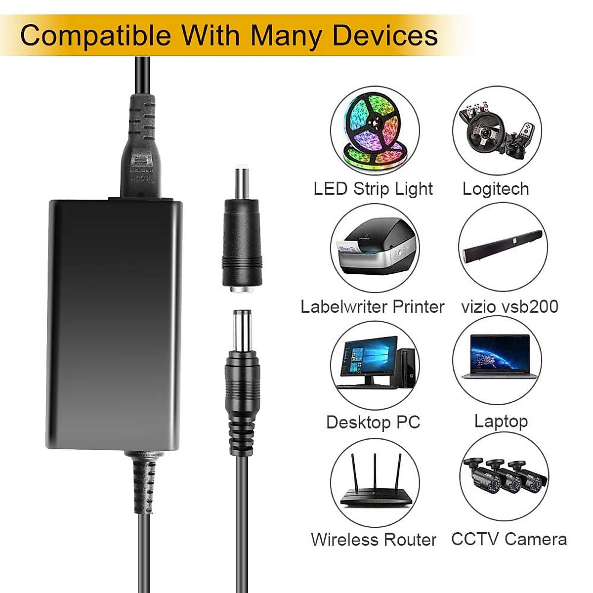 TAIFU Universal Power Adapter 24V Power Supply DC with 7 Extra DC Plugs for 5050 3528 LED Strip Light, Massage Gun, Vizio Soundbar, Zebra ZP450 Printers, Dymo 4XL Printer,LCD Monitor, Scanner, Speaker