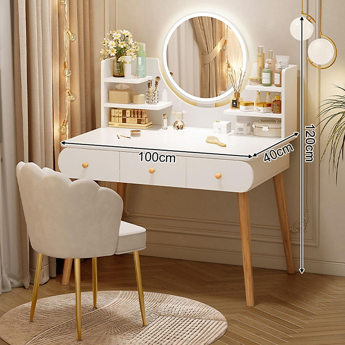 Vanity Set with Lighted Mirror | Makeup Table with Storage Shelf and Drawers | Vanity Desk with Comfortable Chair | 3 Color Lighting Modes Adjustable Brightness