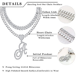 KOHOTA Cursive Silver Initial Pendant Necklace for Women Miami Cuban Link Chain Layered Heart Shape Bling Diamond Iced Out Chain Pendant Necklace Hip Hop Jewelry Gift 2PCS Chains