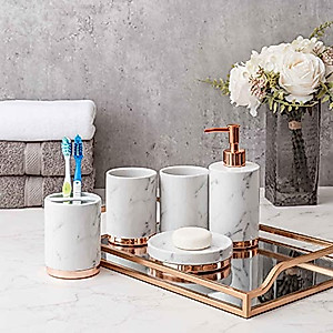 MyGift 5 Piece Modern White Ceramic Bathroom Accessory Set with Marbled Design and Rose Gold Accents, Includes Lotion Pump Dispenser, Toothbrush Holder, Tumbler and Soap Dish