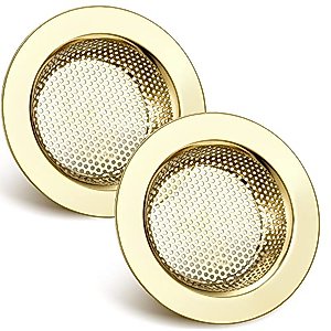 2 Pcs Sink Strainer Stainless Steel Sink Drain Basket Cover Mesh Metal Food Catcher Kitchen Sink Accessories for Hair Garbage, Large Wide Rim of 4.4 Diameter (Gold,2mm Dia Hole Style)