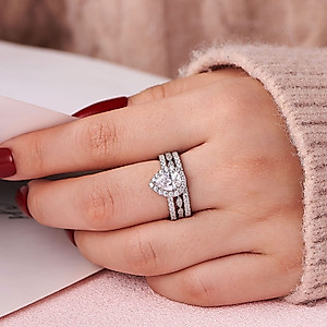 Wuziwen Halo Pear Cut Wedding Ring Set CZ Engagement Rings for Women 925 Sterling Silver Size 7