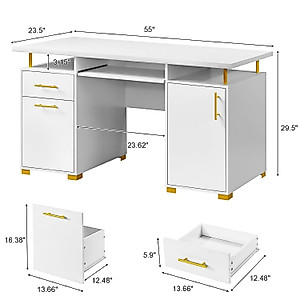 MaverickFurni White and Gold Executive Desk with Drawers, 55 Inch White Desk with Keyboard Drawers, White and Gold Desks for Bedrooms, White Computer Desk with File Cabinet for Office