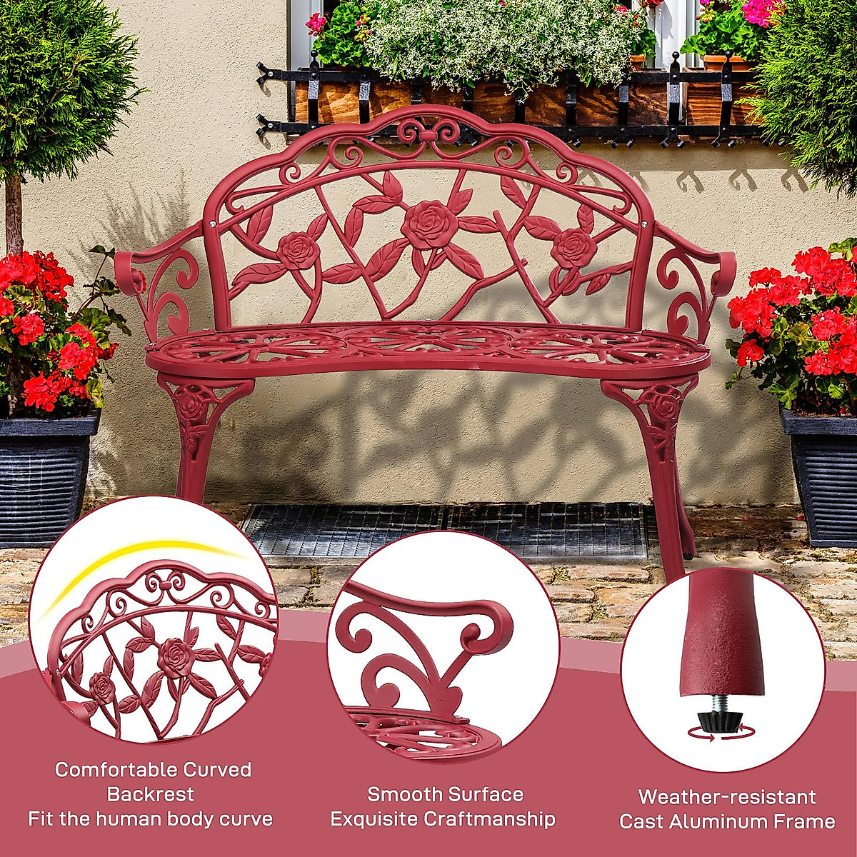 CIPACHO Outdoor Cast Aluminum Patio Bench, Garden Bench with Curved Legs Rose Pattern,Porch Bench Chair for Park Balcony Backyard Outdoor Furniture (Red)