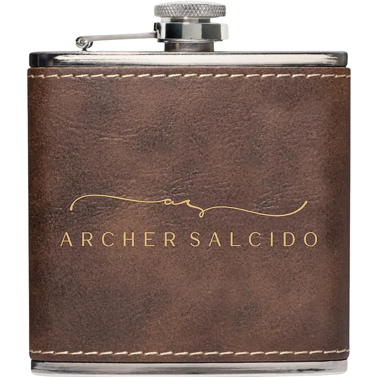 Personalized Flask For Wedding Gift. Customized Flask Gift Set. Engraved Leatherette Flask With Optional Gift Box For Groomsmen Gifts. Engraved Flask (Rustic & Gold)