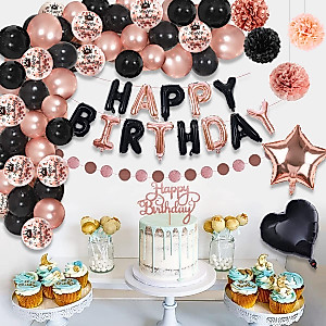 Birthday Decorations Rose Gold Black, ‎KISPATTI 51 Pieces Rose Gold Black Birthday kit with Happy birthday Foil Confetti Balloons, Birthday Party Decorations Supplies for Women Girls 21 30 40 50 70th