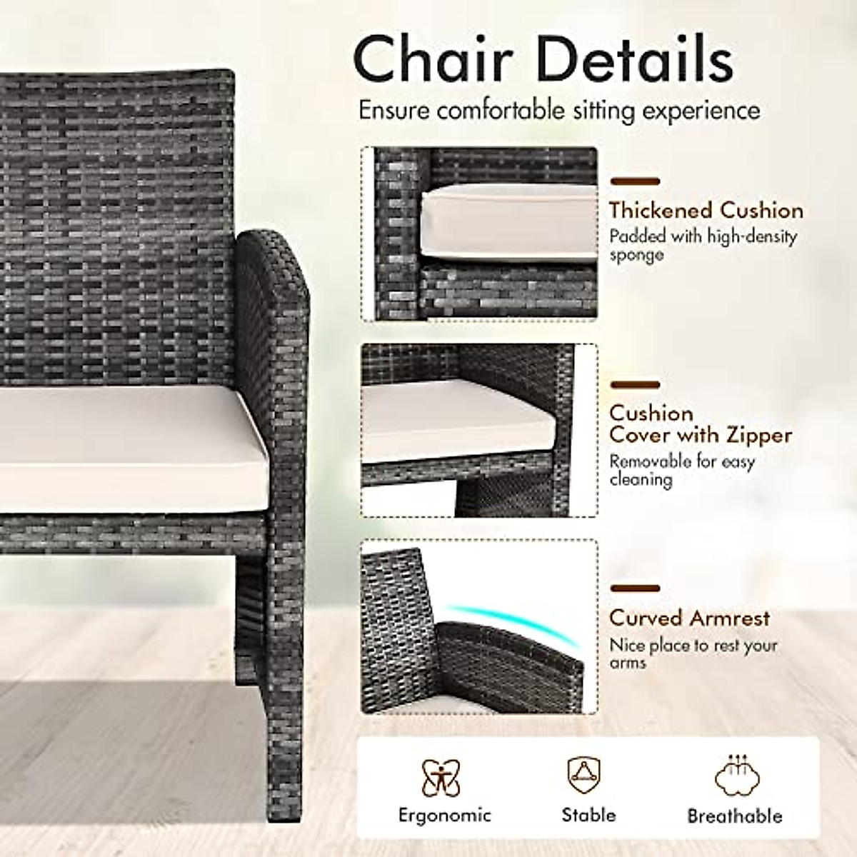 RELAX4LIFE 4-Piece Wicker Furniture Set - Hand-Woven PE Conversation Set with Cushions and Tempered Glass Coffee Table, Outdoor Rattan Sofas for Garden, Poolside, Backyard (White)