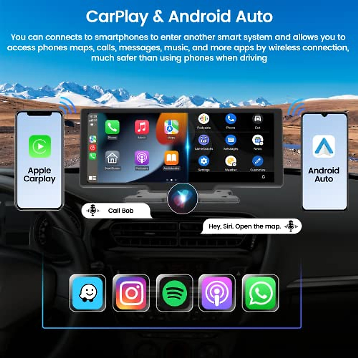 10.3 Inch Wireless Car Stereo Apple CarPlay with 1080P Backup Camera, Portable Wireless Android Auto Screen for Cars, Bluetooth Car Audio Receiver with AUX 64G TF Card