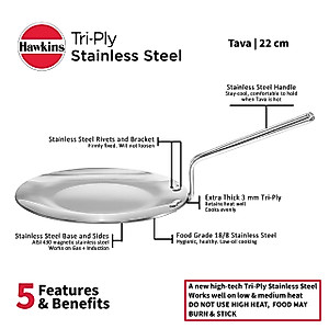 Hawkins 22 cm Tava, Triply Stainless Steel Tawa with Stainless Steel Handle, Induction Tawa, Silver (SSTV22)