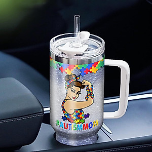 WAZONE Personalized Autism Mom Tumbler 40oz with Handle and Straw Stainless Steel From Daughters Sons For Mommy Mother Mama Customized Name Gifts Idea on Birthday Christmas Mothers Day