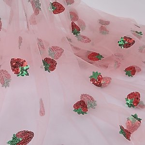 Lovely Sequins Embroidered Strawberry Net Fabric Lightweight Tulle Netting for Sewing Dresses - 60 inches Wide, 2 Yards Precut - Pink